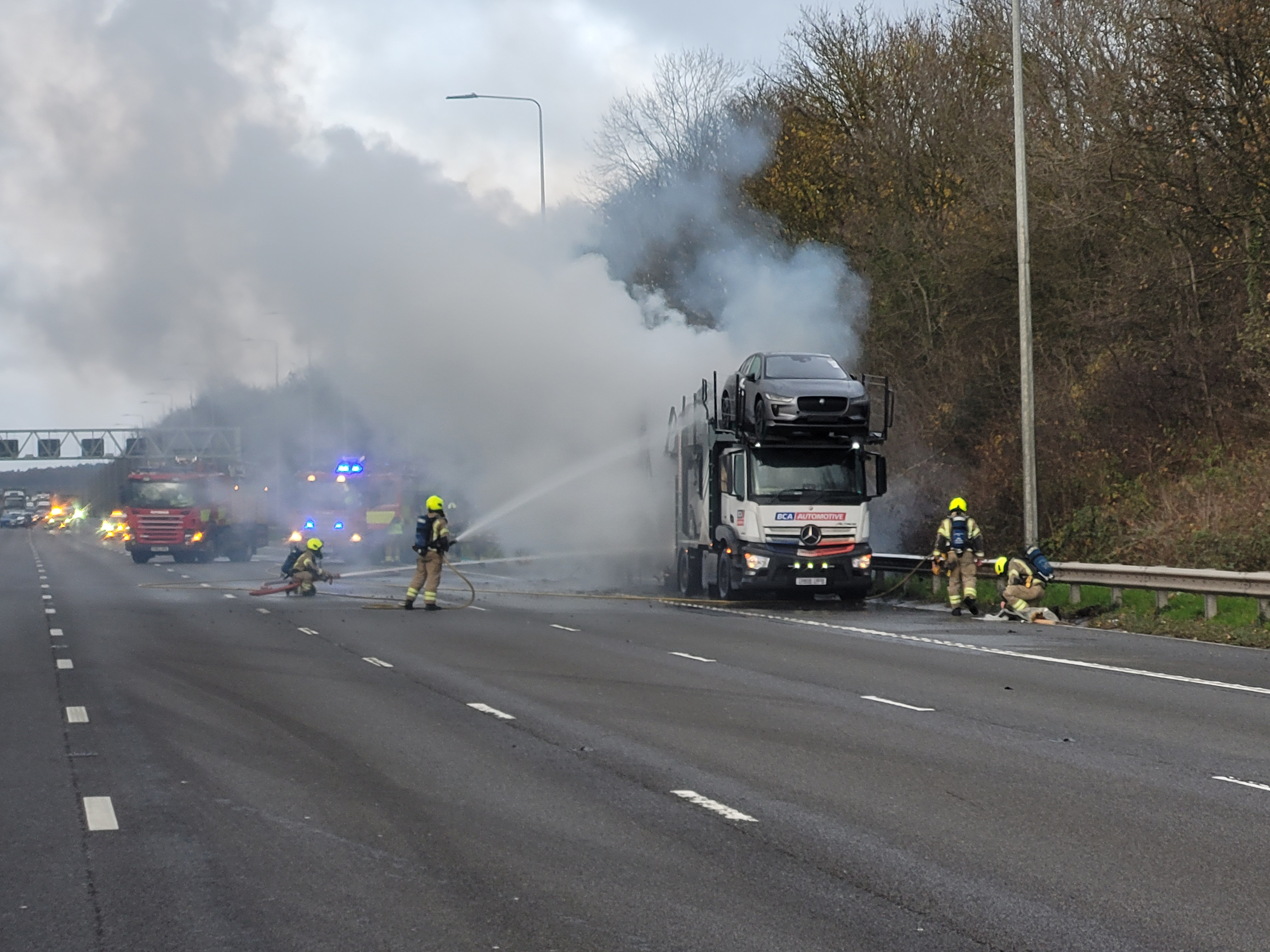 Car transporter fire on M1 South - NFRS
